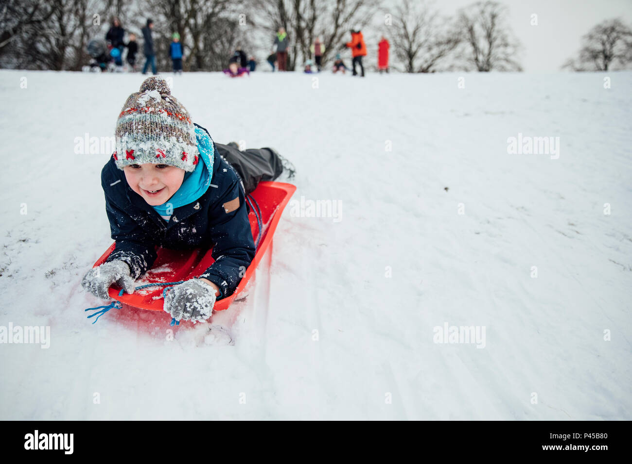 Little boy is lying on a sled, going down a hill in the snow Stock ...