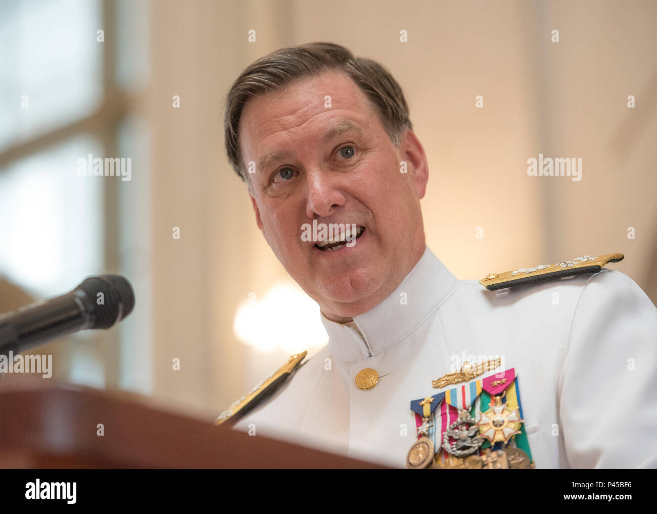 Navy Adm. Mark E. Ferguson III, delivers remarks in Bancroft Hall at ...