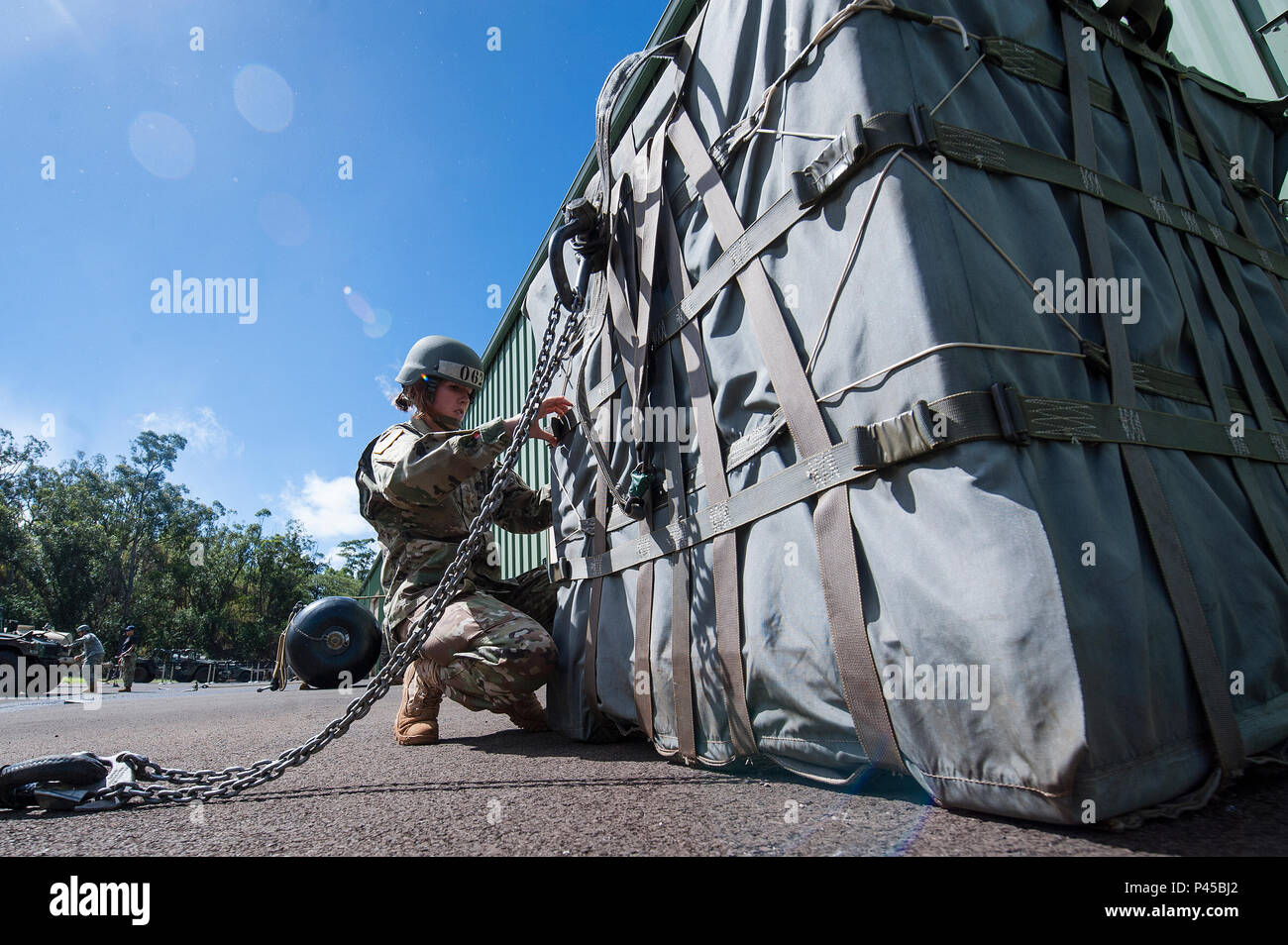 A U.S. Army 2nd Lt. Rachel King checks for deficiencies during a sling ...