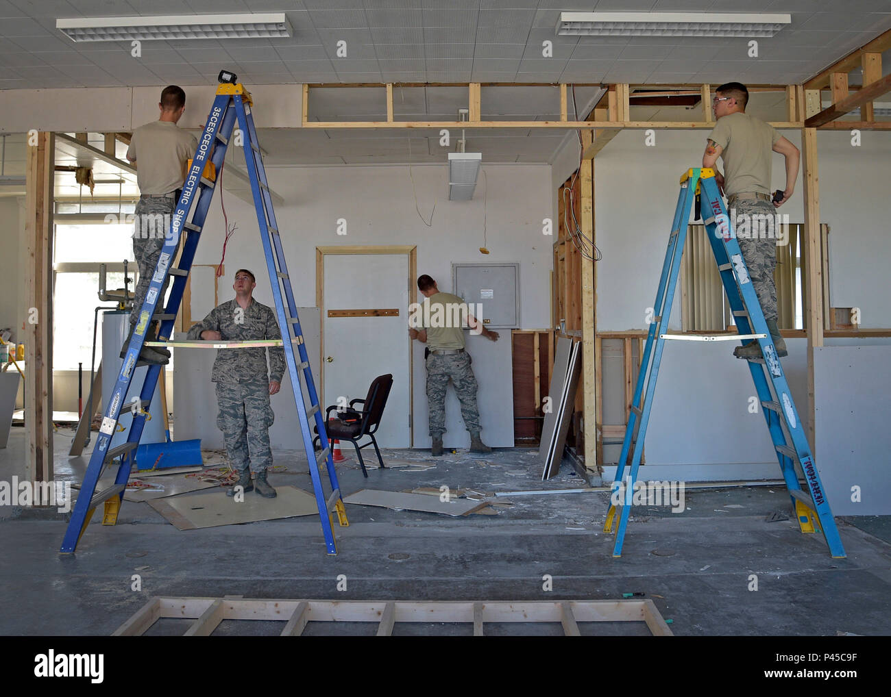 U.S. Air Force Airmen with the 35th Civil Engineer Squadron structures ...
