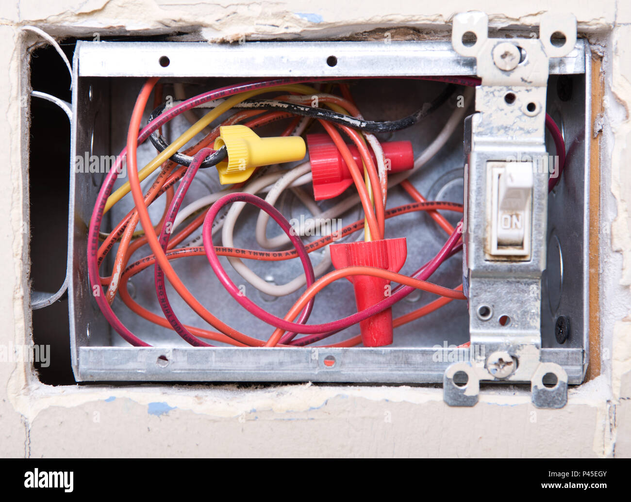 Open electrical light switch box in the house under remodeling Stock ...