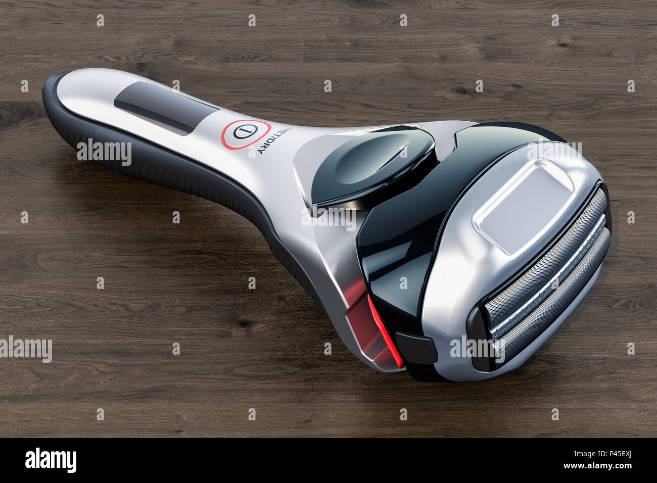 Foil-type cordless razor, shaver on the wooden table, 3D rendering ...