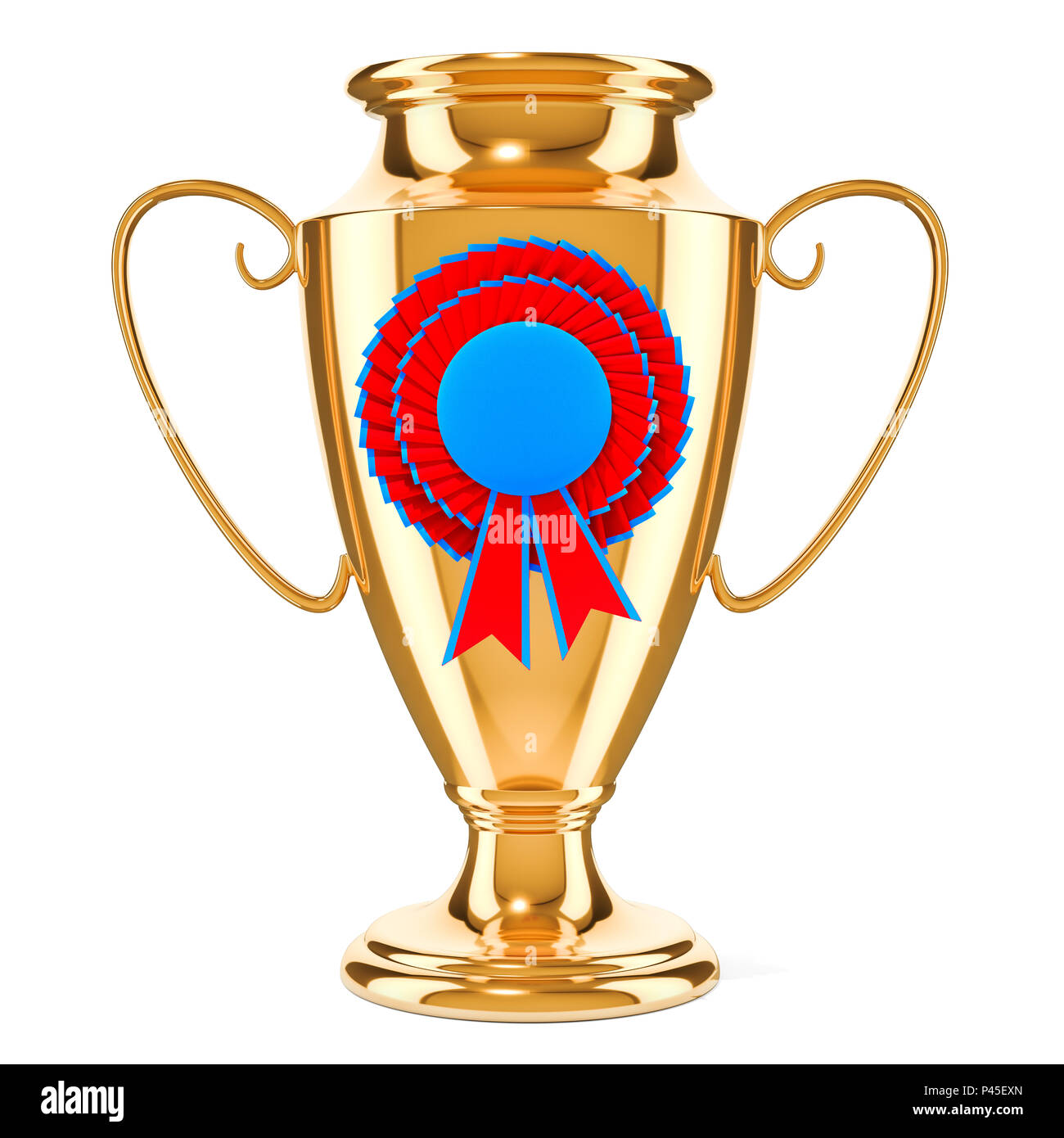 Gold trophy cup award with medal badge from ribbons, 3D rendering ...