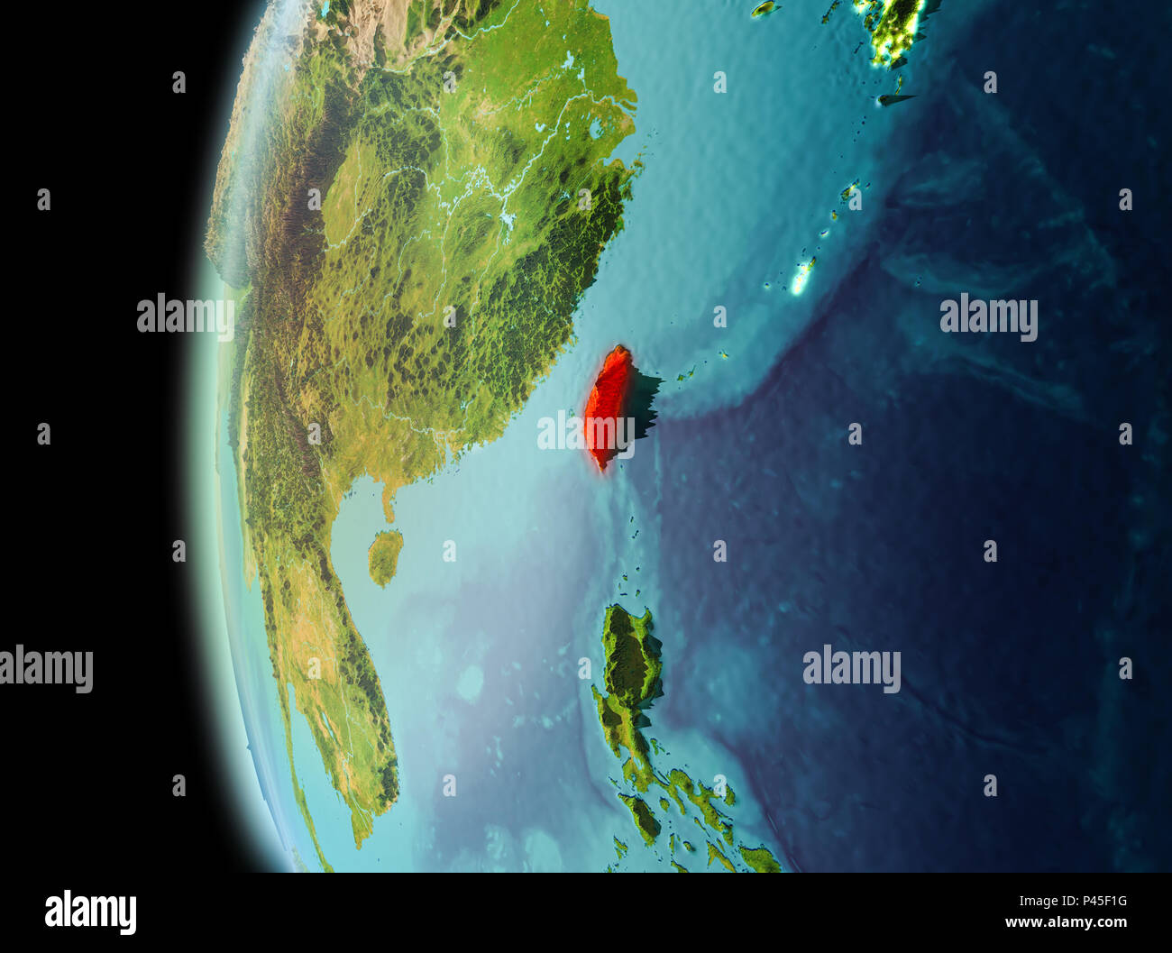 Illustration of Taiwan as seen from Earth’s orbit in late evening. 3D ...