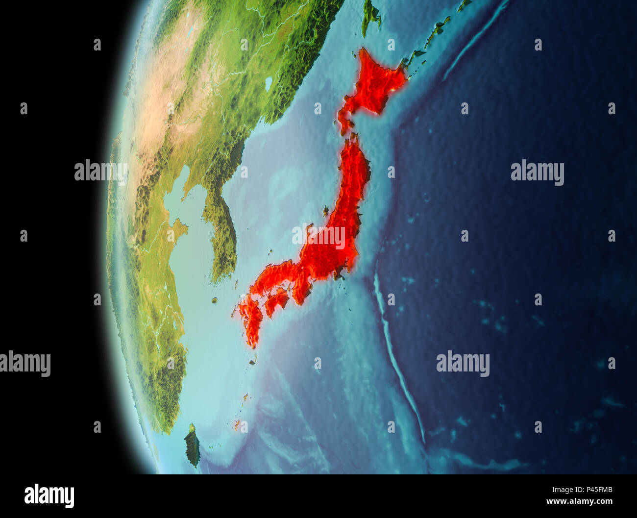 Illustration of Japan as seen from Earth’s orbit in late evening. 3D ...