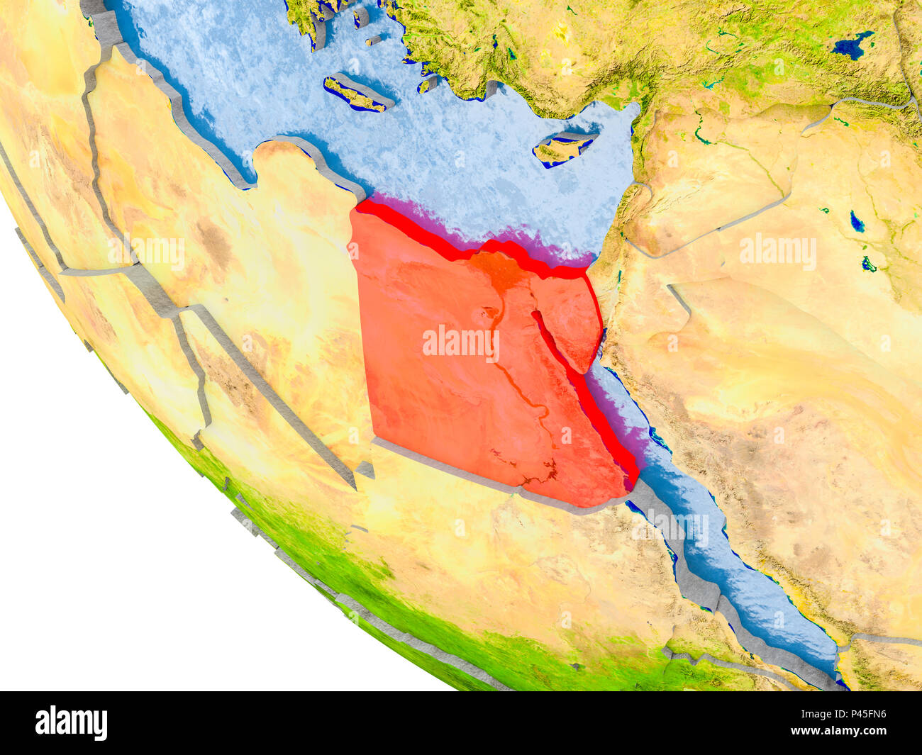 Map of Egypt in red on globe with real planet surface, embossed ...