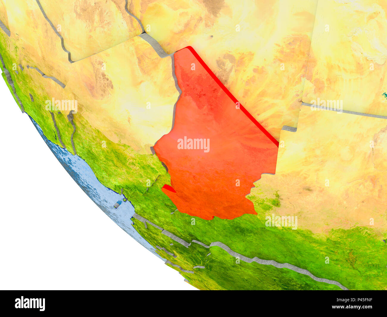Map of Chad in red on globe with real planet surface, embossed ...