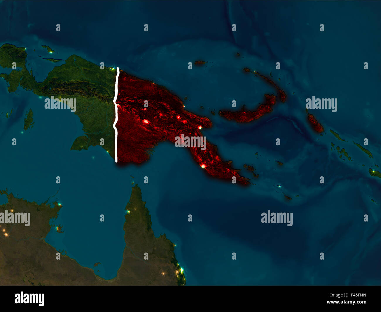 Papua New Guinea highlighted in red from Earth’s orbit at night with visible country borders. 3D ...