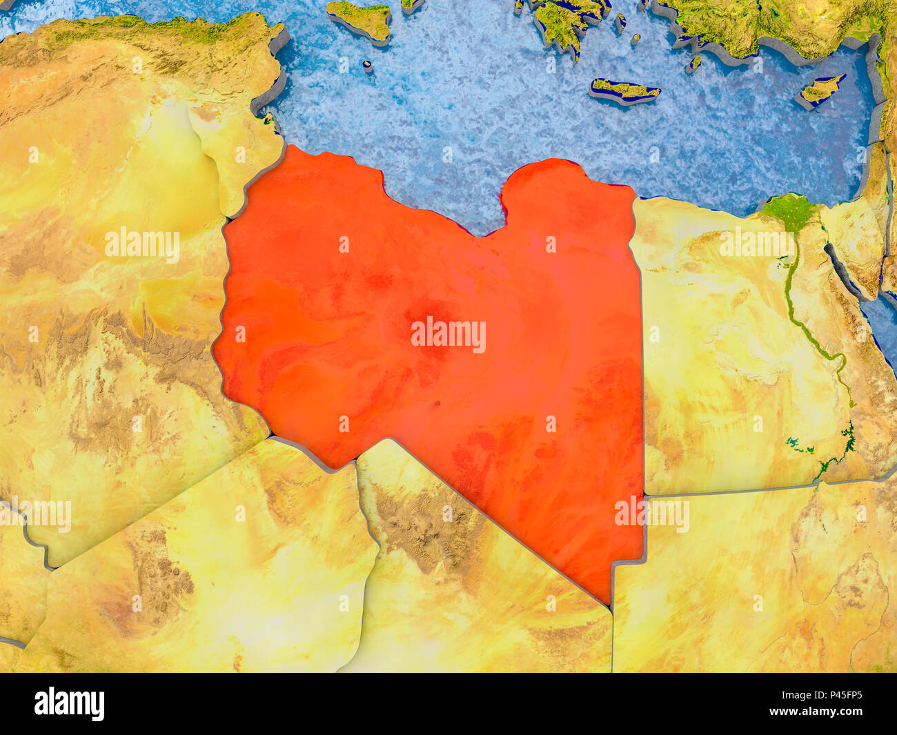 Libya in red on realistic map with embossed countries. 3D illustration ...