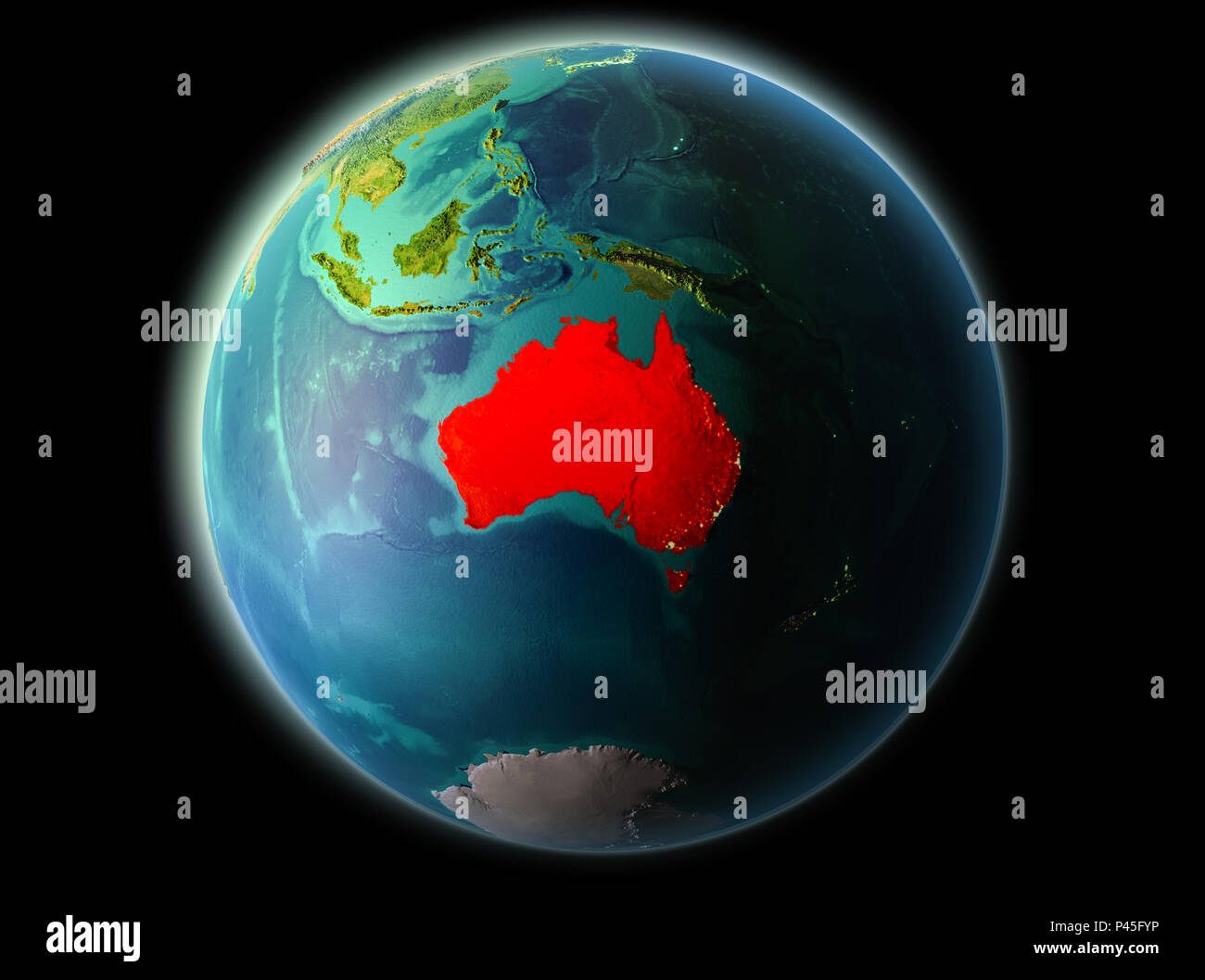 Australia from orbit of planet Earth at night with highly detailed ...