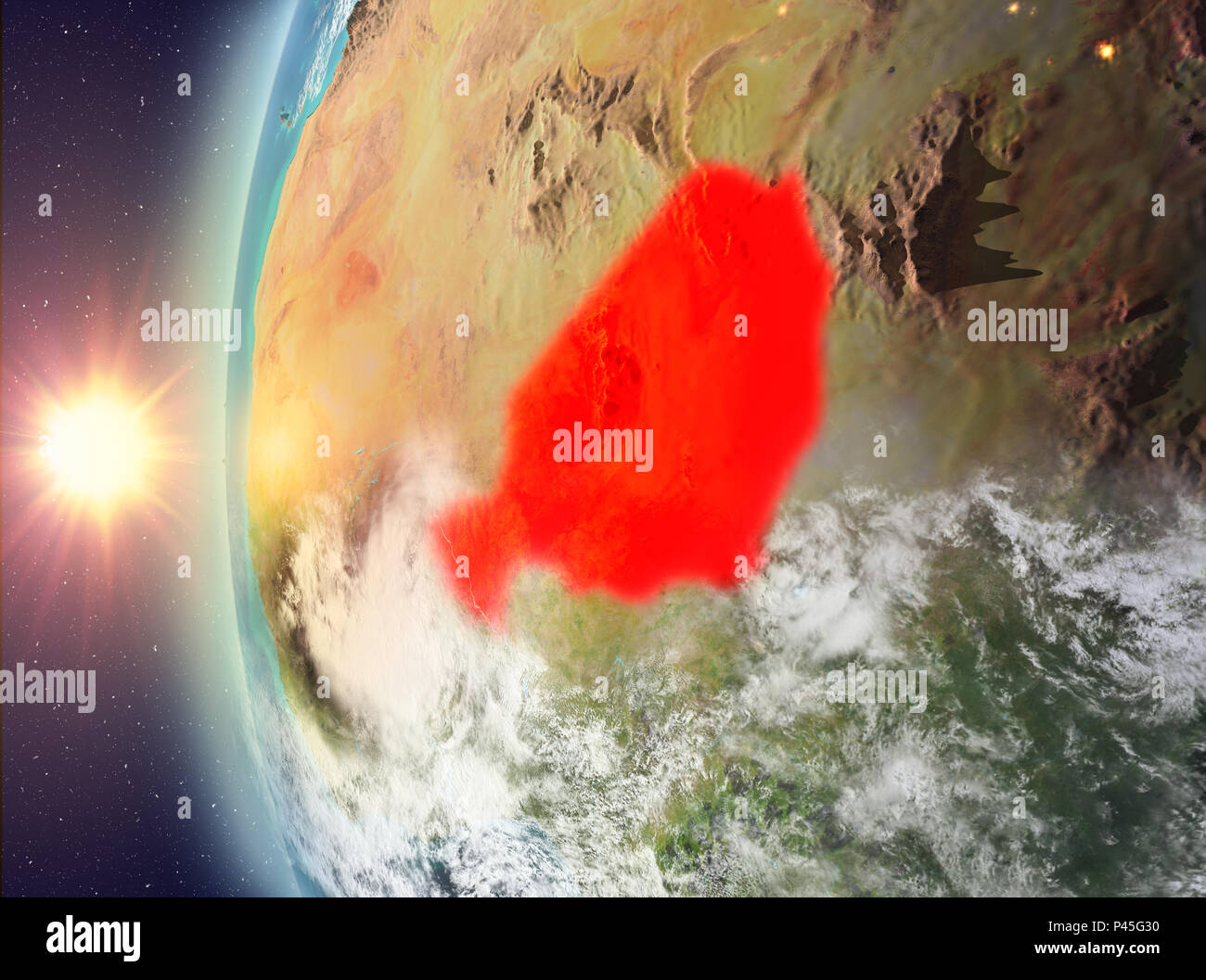 Niger as seen from space on planet Earth during sunset. 3D illustration ...