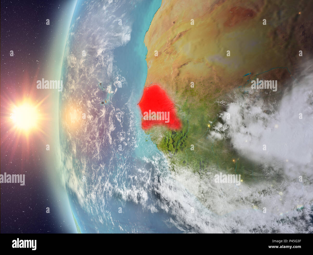 Senegal as seen from space on planet Earth during sunset. 3D ...