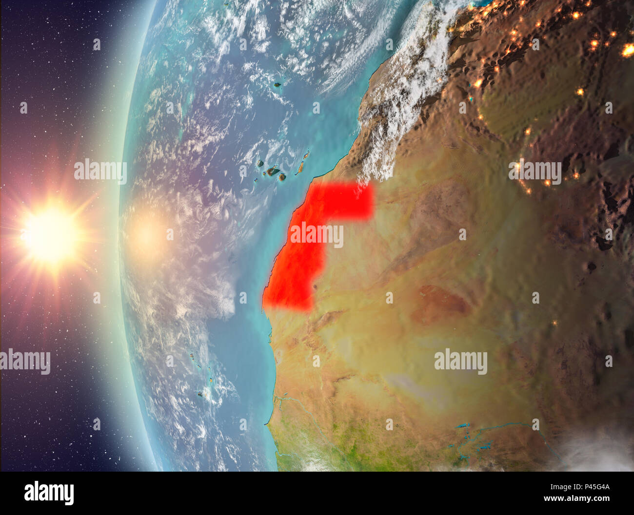 Western Sahara as seen from space on planet Earth during sunset. 3D ...