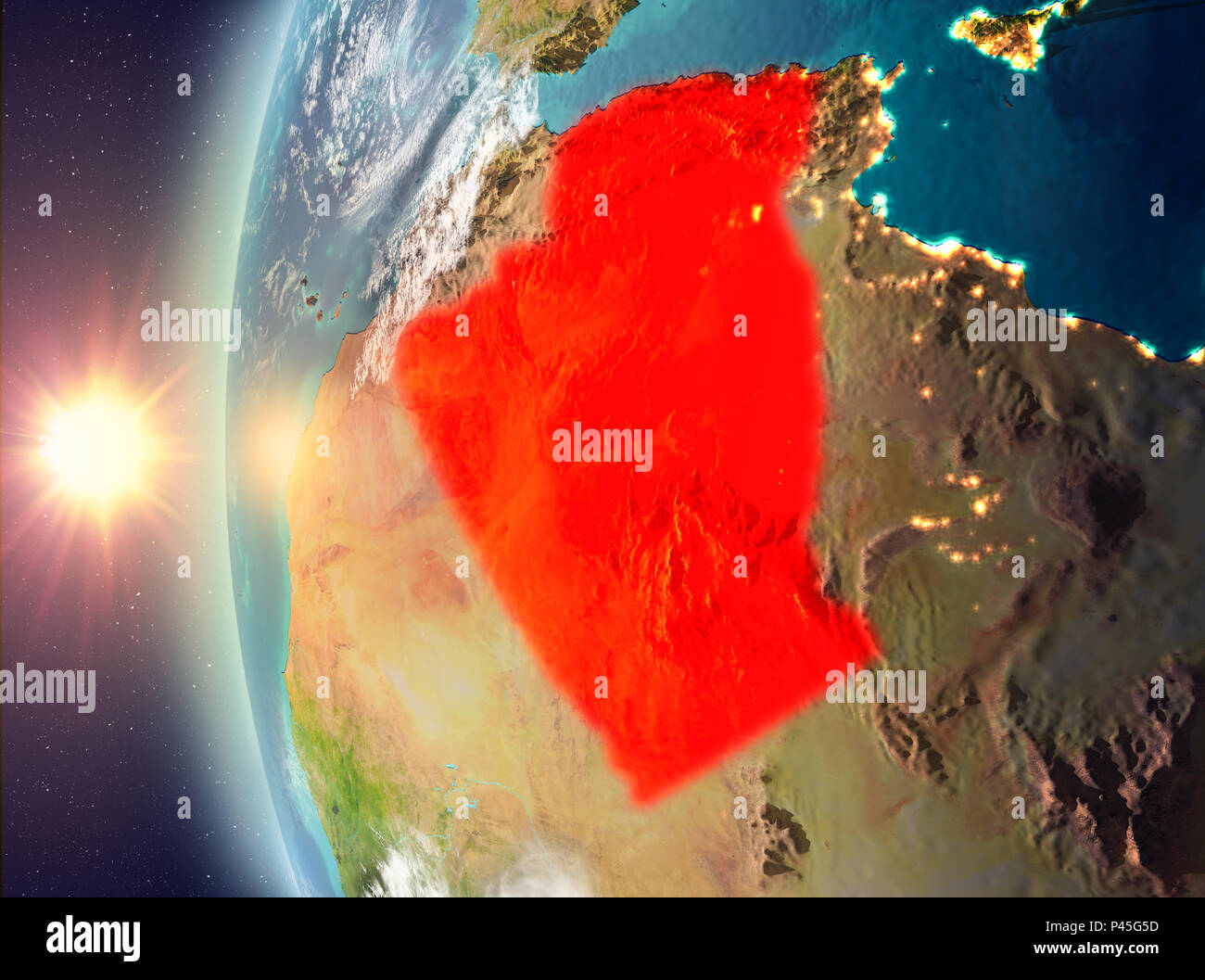 Algeria as seen from space on planet Earth during sunset. 3D ...