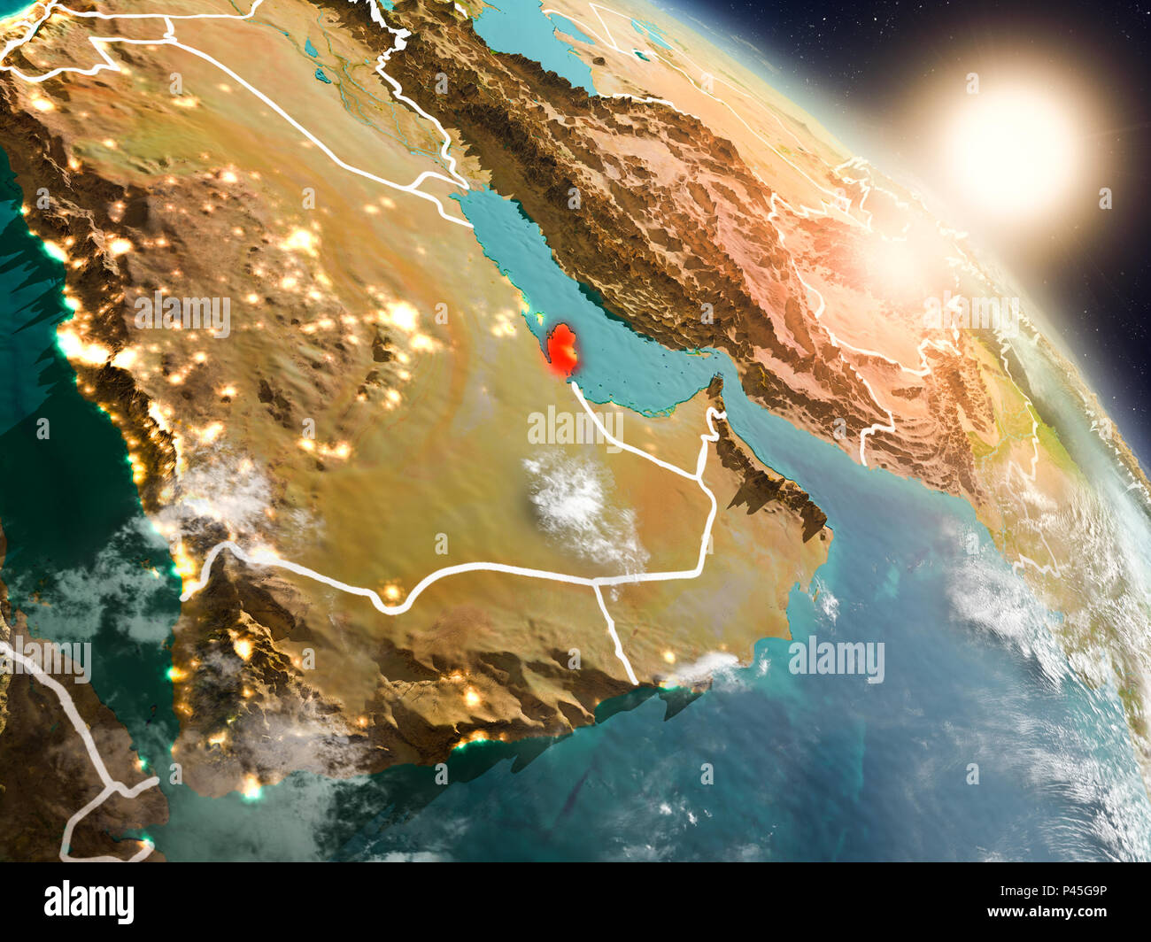 Sunset above Qatar from space on planet Earth with visible country ...