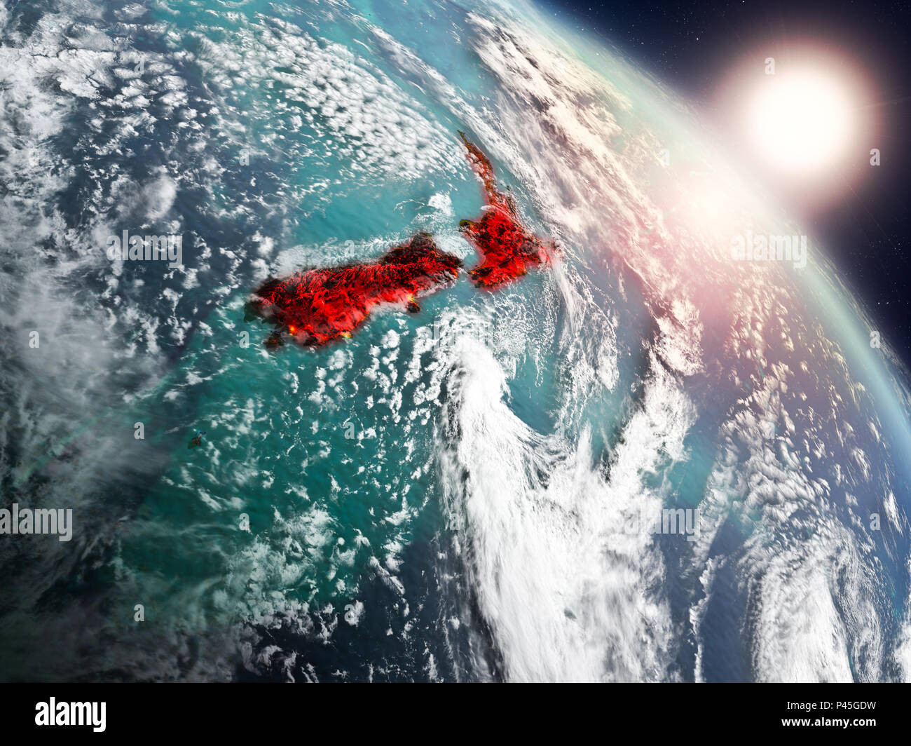 Sunset above New Zealand from space on planet Earth with visible ...