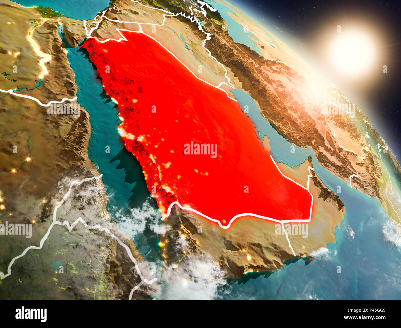 Sunset above Saudi Arabia from space on planet Earth with visible ...