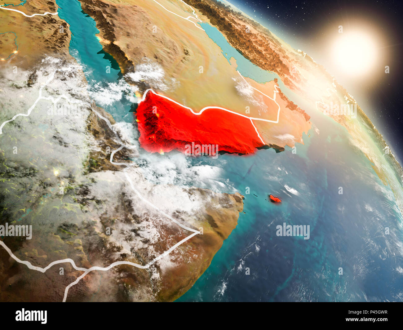 Sunset above Yemen from space on planet Earth with visible country ...