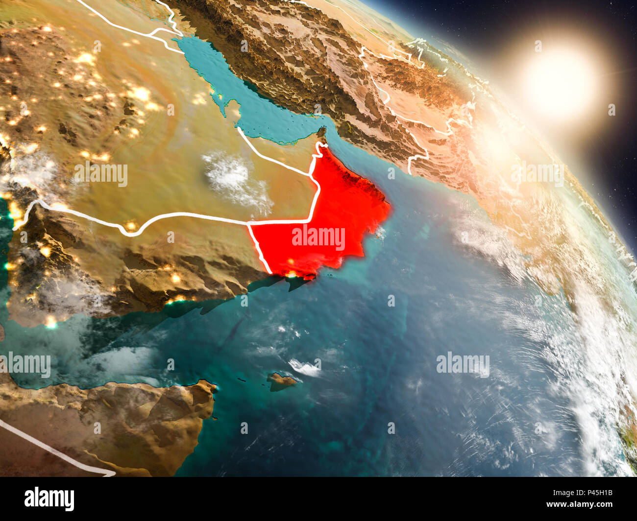 Sunset above Oman from space on planet Earth with visible country ...