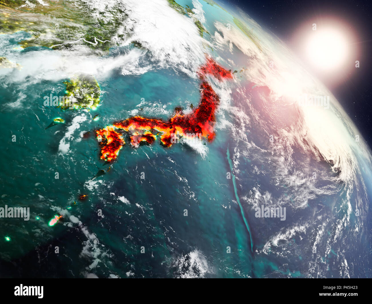 Sunset above Japan from space on planet Earth with visible country ...