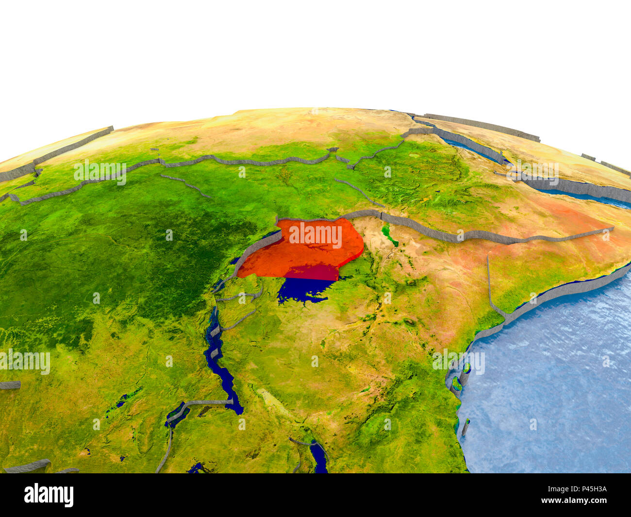 Uganda highlighted in red on globe with realistic land surface, visible ...