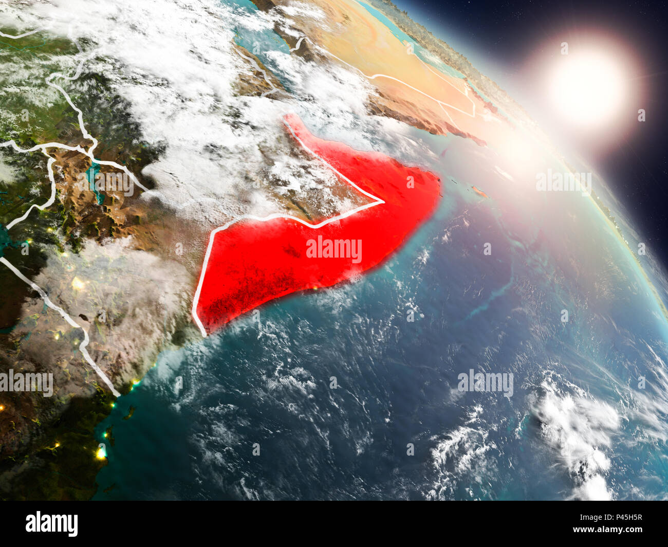 Sunset above Somalia from space on planet Earth with visible country ...