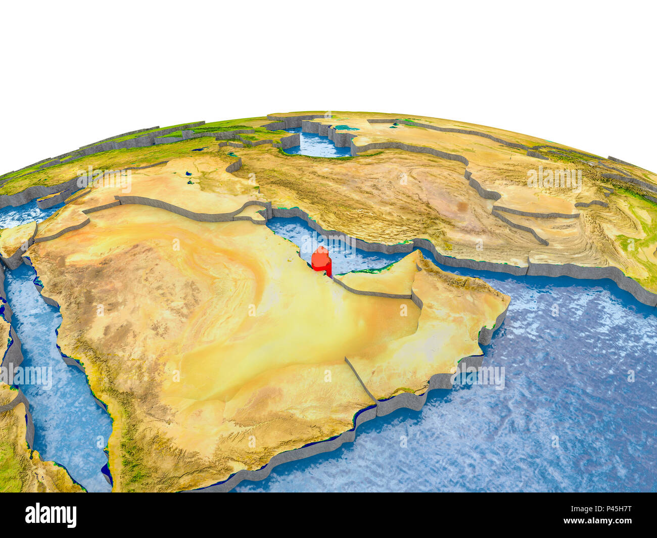 Qatar highlighted in red on globe with realistic land surface, visible ...
