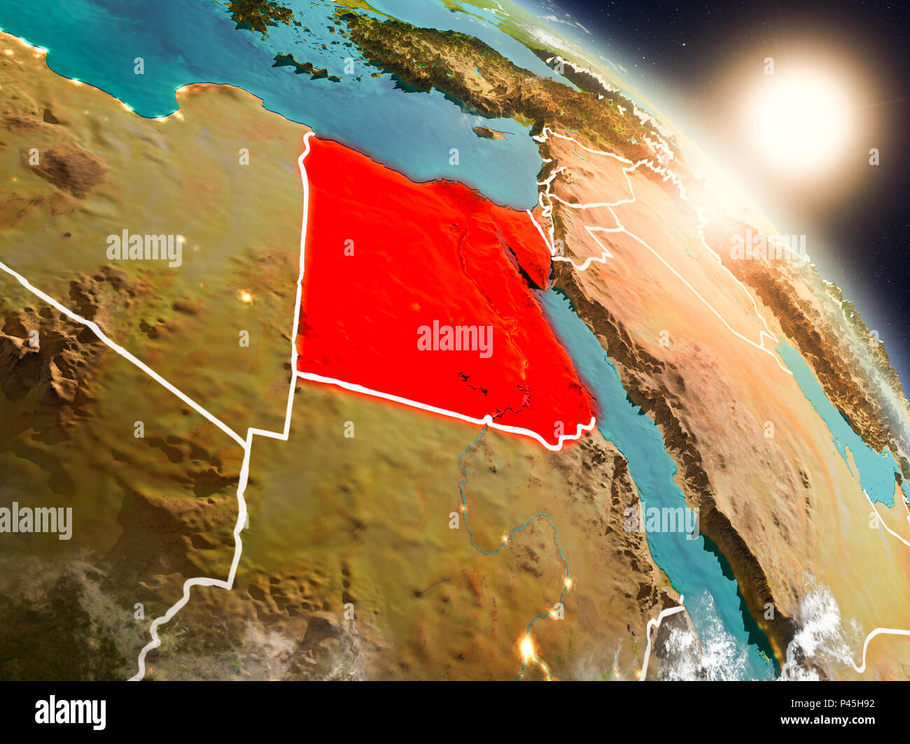 Sunset above Egypt from space on planet Earth with visible country ...