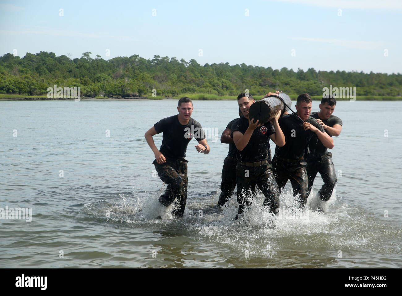 Marines from 10th Marine Regiment carry a log out of the water during ...