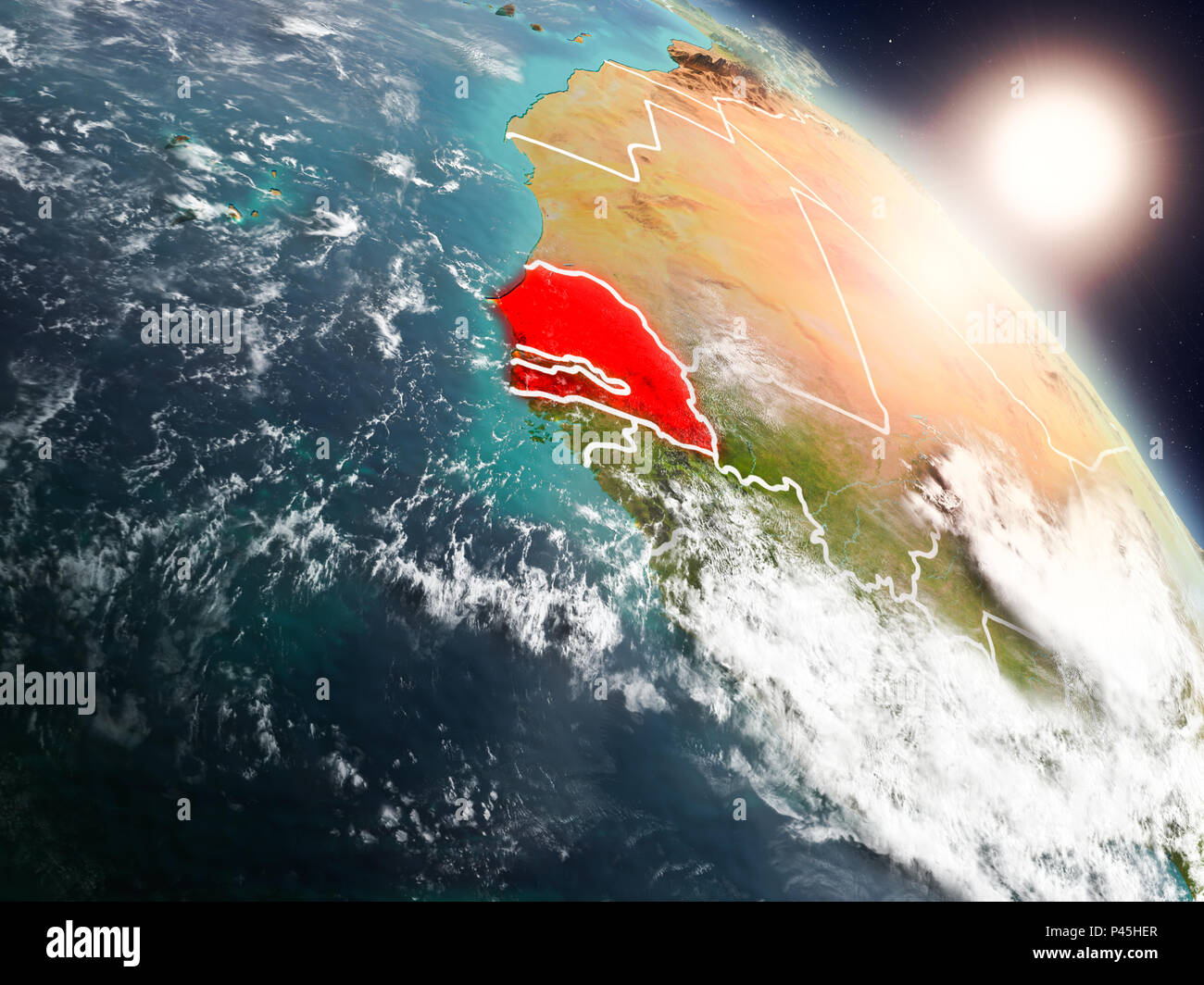 Sunset above Senegal from space on planet Earth with visible country ...