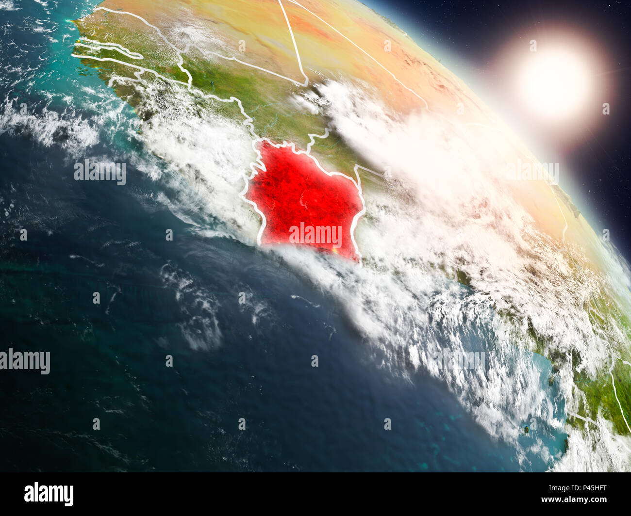Sunset above Ivory Coast from space on planet Earth with visible ...
