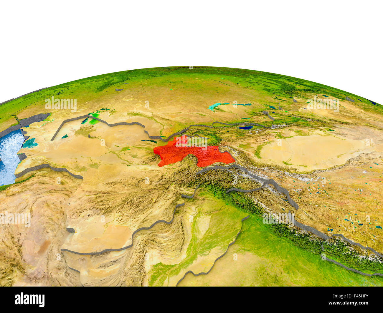 Tajikistan highlighted in red on globe with realistic land surface ...