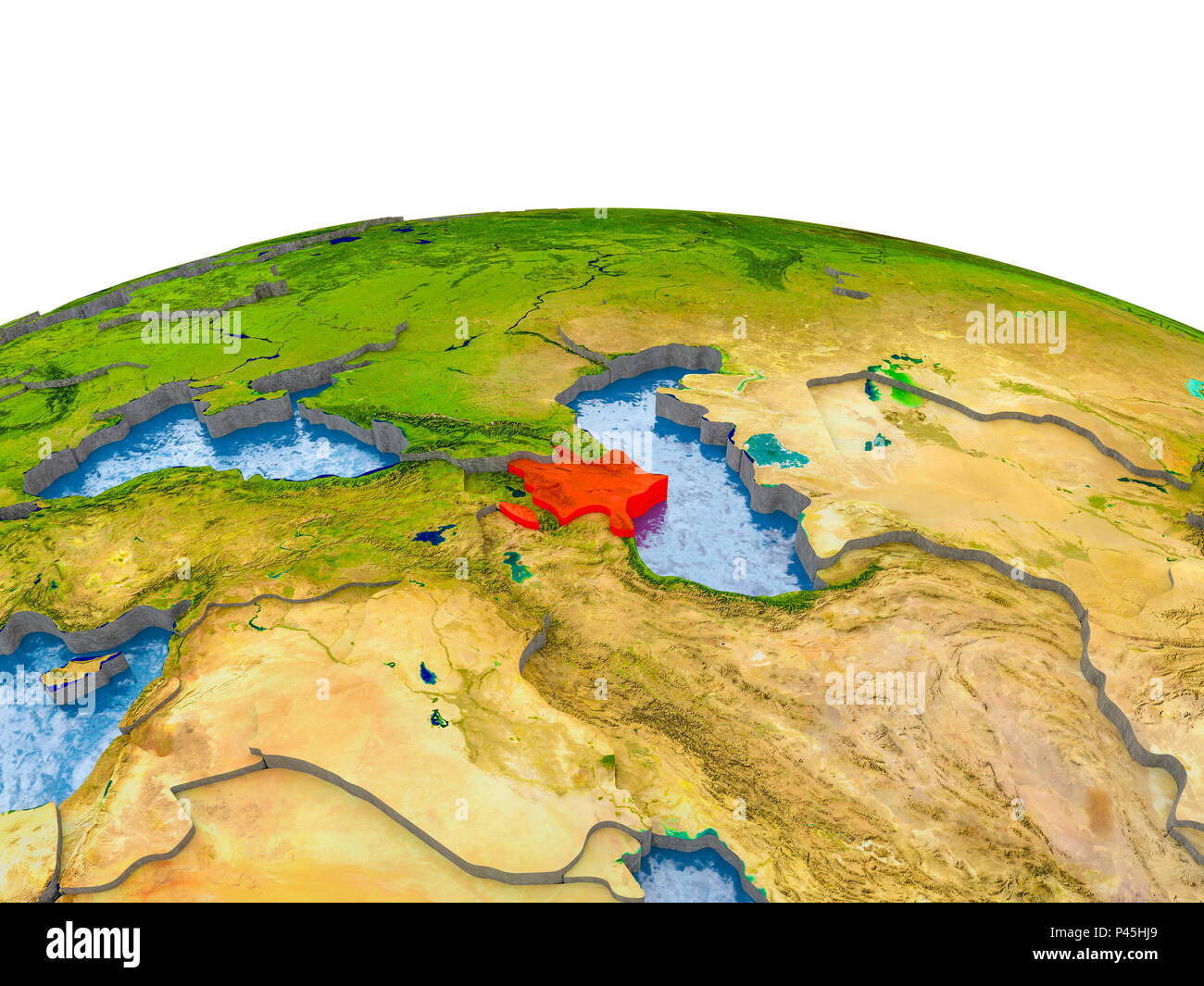 Azerbaijan highlighted in red on globe with realistic land surface ...