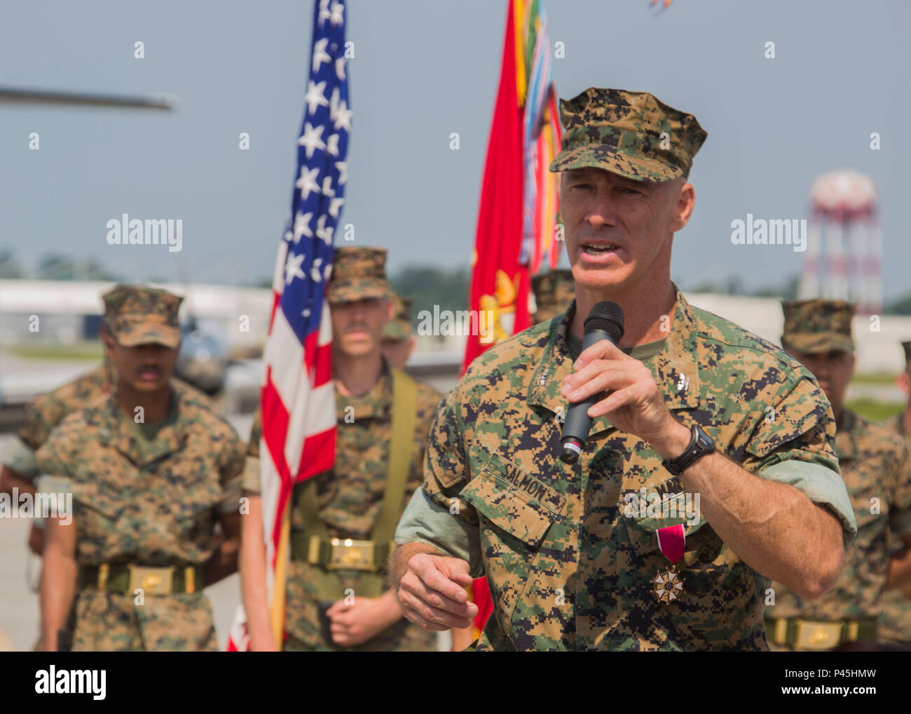 U.S. Marine Corps Col. Timothy Salmon gives his remarks during the ...