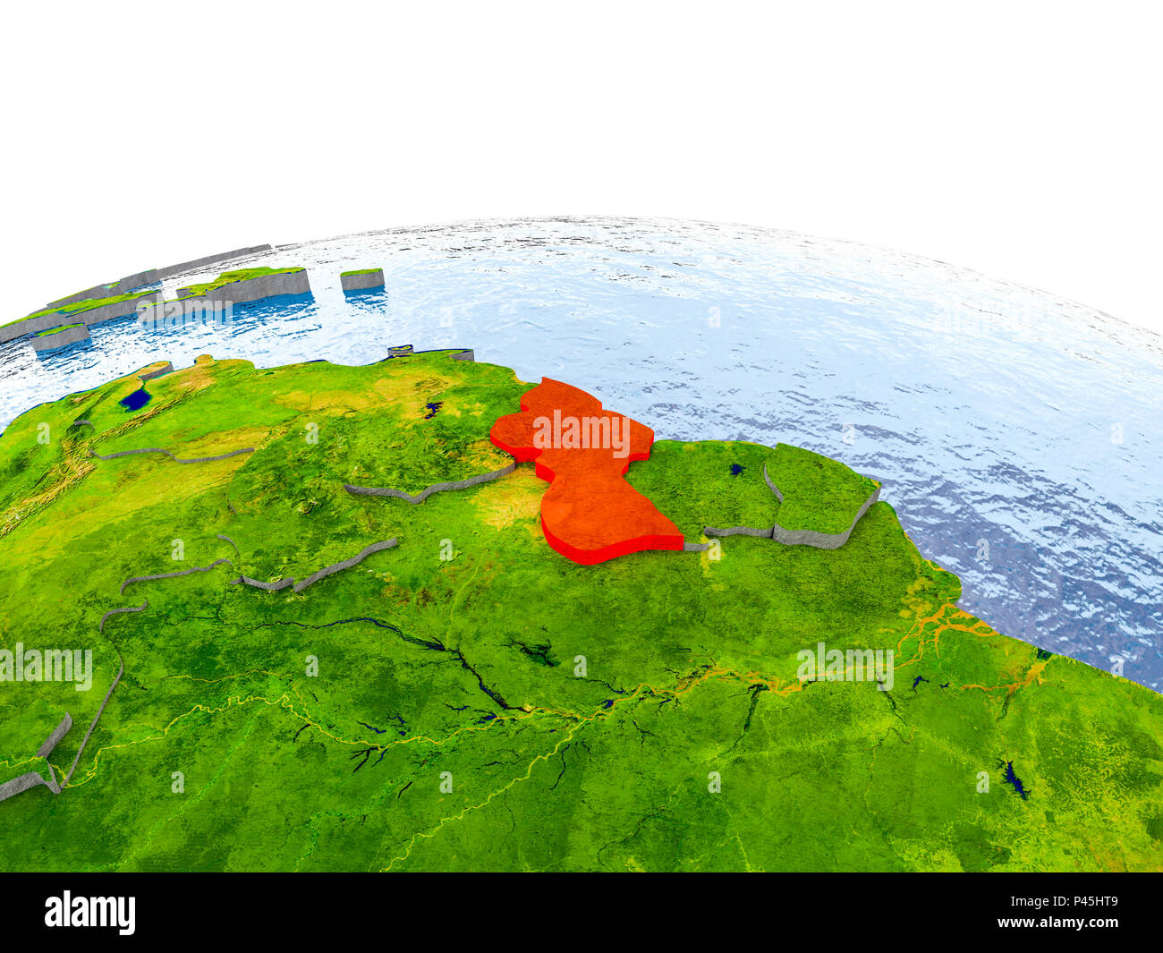 Guyana highlighted in red on globe with realistic land surface, visible ...