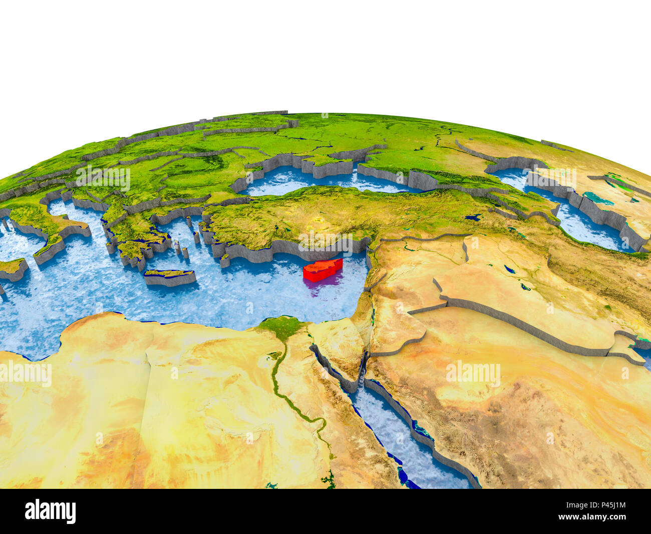 Cyprus highlighted in red on globe with realistic land surface, visible ...