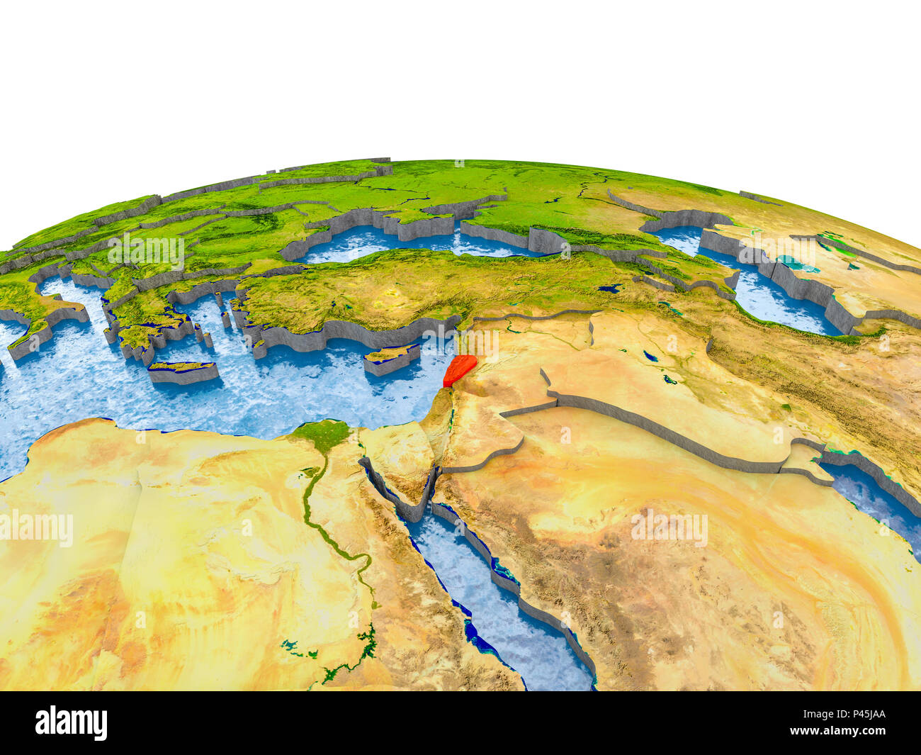 Lebanon highlighted in red on globe with realistic land surface ...