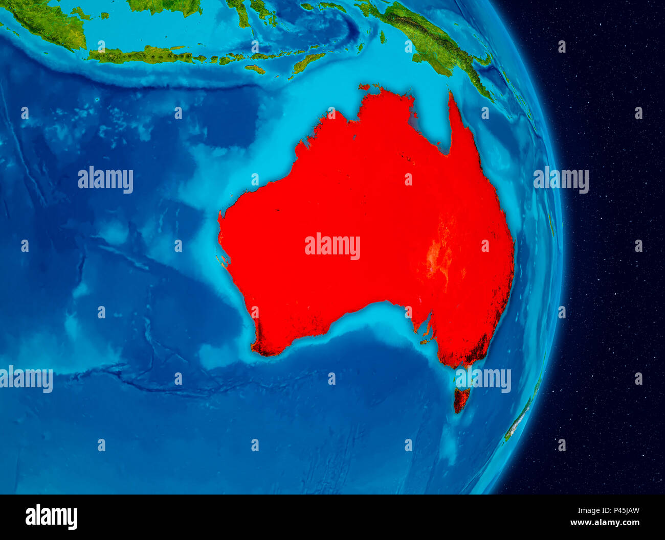 Country of Australia in red on planet Earth. 3D illustration. Elements ...