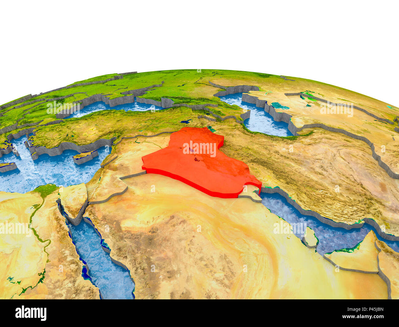 Iraq highlighted in red on globe with realistic land surface, visible ...