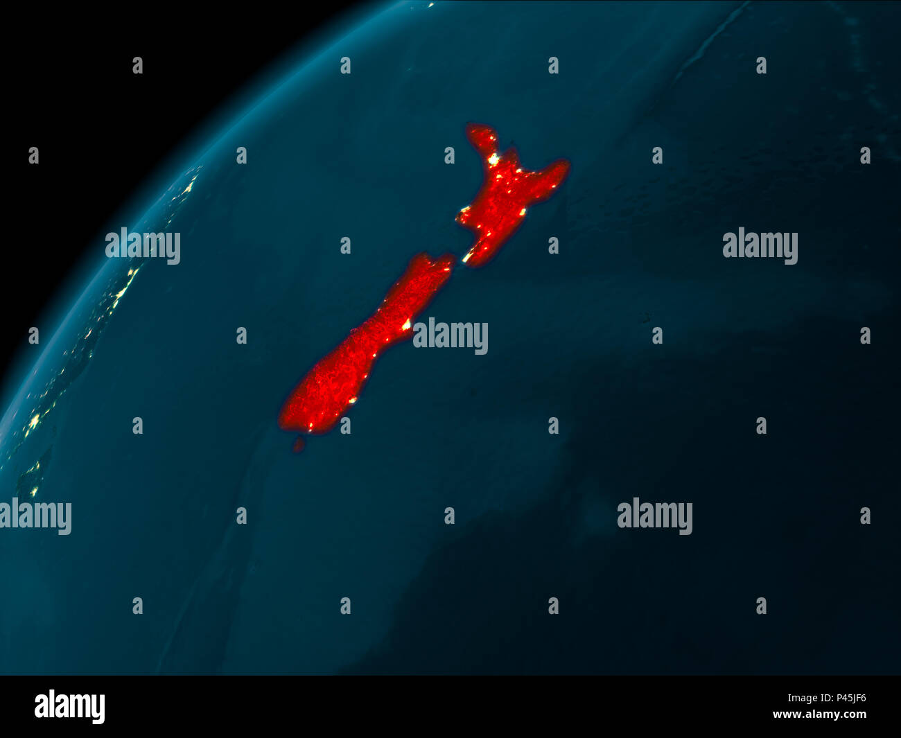 Night map of New Zealand as seen from space on planet Earth. 3D ...