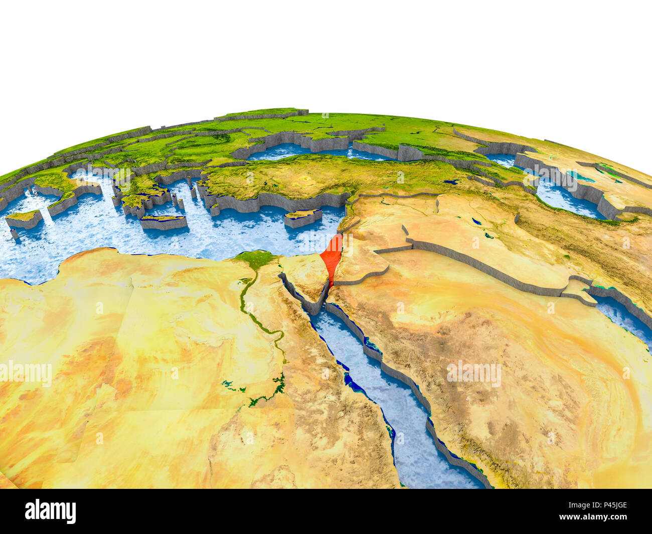 Israel highlighted in red on globe with realistic land surface, visible ...
