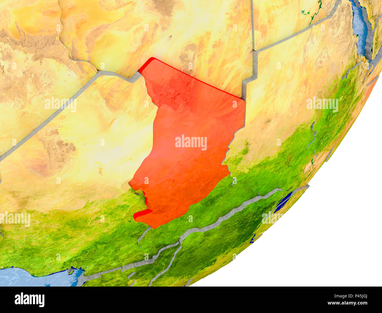 3D render of Chad on political globe with embossed countries with real ...