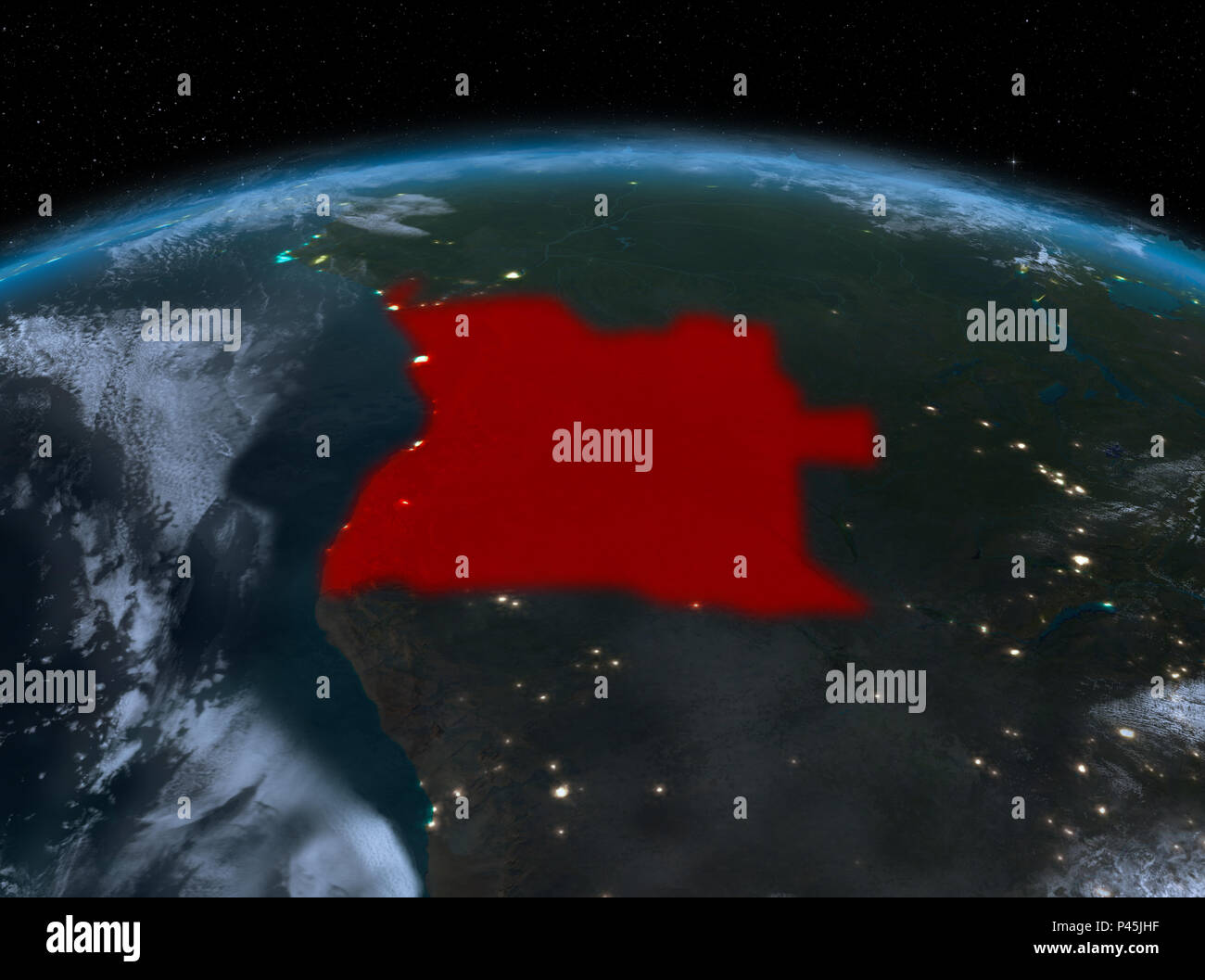 Satellite night view of Angola highlighted in red on planet Earth with ...