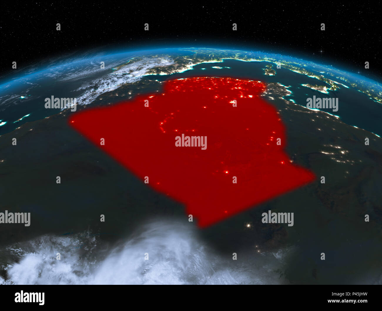 Satellite night view of Algeria highlighted in red on planet Earth with clouds. 3D illustration ...