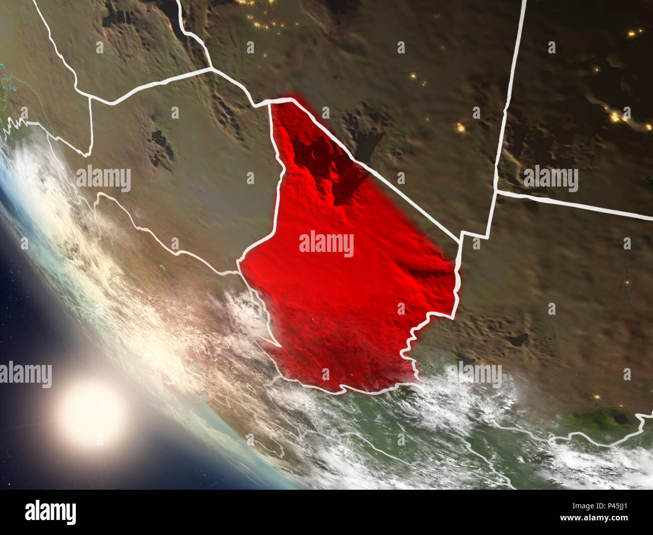 Illustration of Chad as seen from Earth’s orbit during sunset with ...