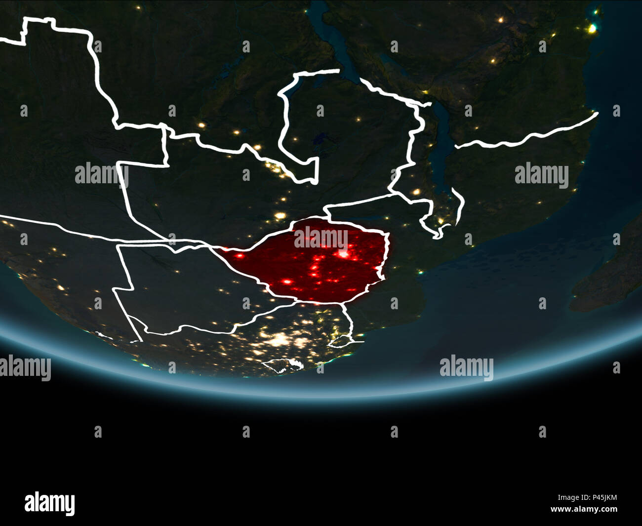 Zimbabwe highlighted in red on planet Earth at night with visible borders and city lights. 3D ...