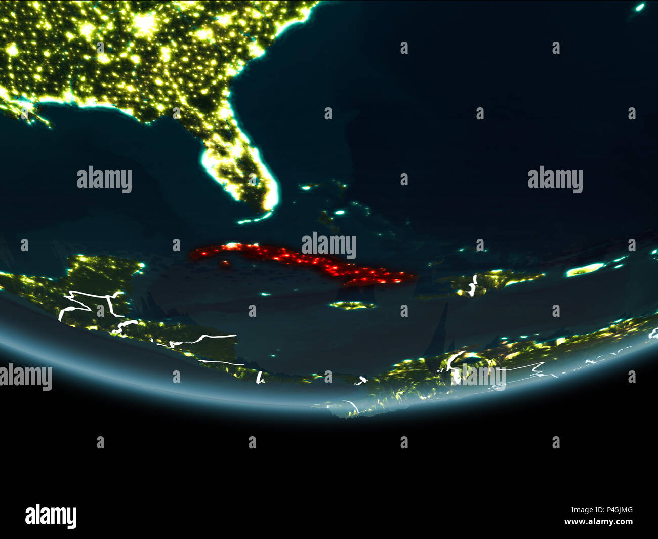 Cuba highlighted in red on planet Earth at night with visible borders ...