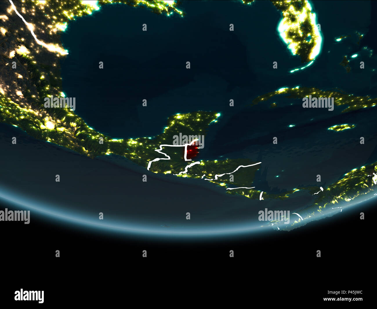 Belize highlighted in red on planet Earth at night with visible borders ...