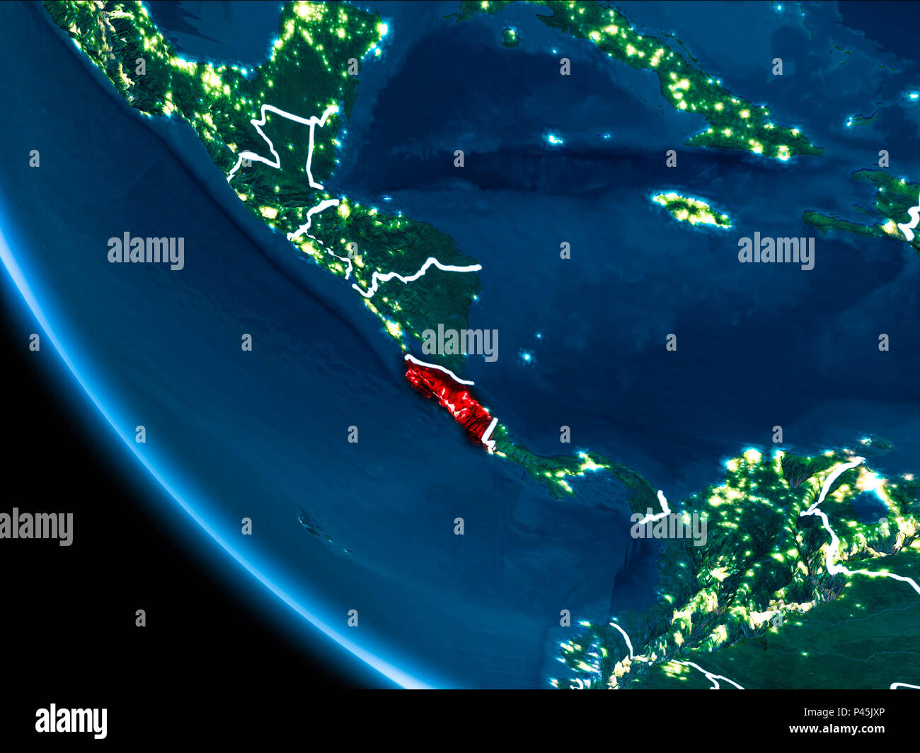 Map of Costa Rica in red as seen from space on planet Earth at night ...