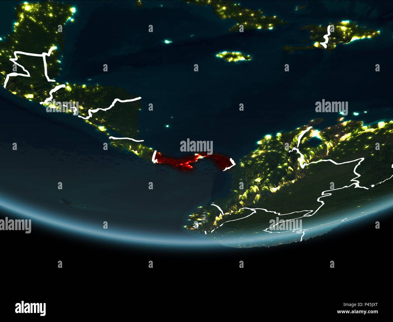 Panama highlighted in red on planet Earth at night with visible borders ...